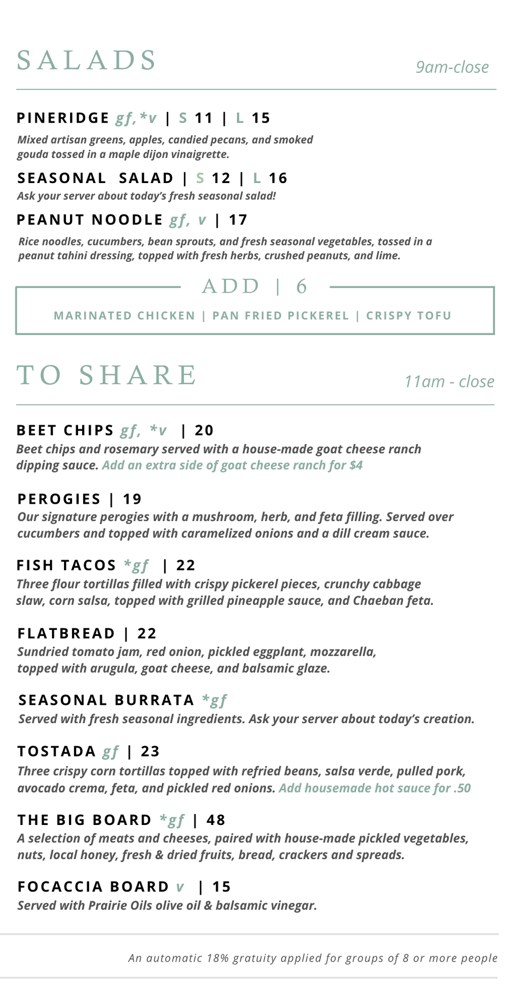 Restaurant Menu– Pineridge Hollow