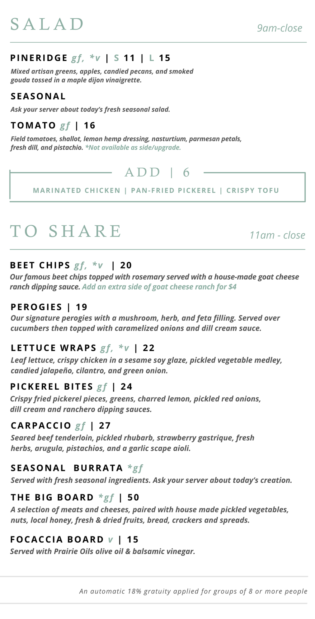 Restaurant Menu– Pineridge Hollow